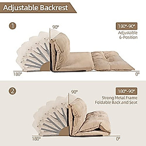 Sucrever Floor Sofa Chair with Adjustable 6-Position and 2 Pillows for Adults, Folding Lazy Sofa Sleeper Bed Couch for Reading or Gaming, Chaise Lounge Chair for Bedroom Living Room, Beige