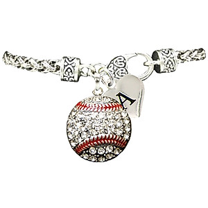 Custom Crystal Baseball Silver Bracelet Jewelry Gift Choose Your Initial All 26
