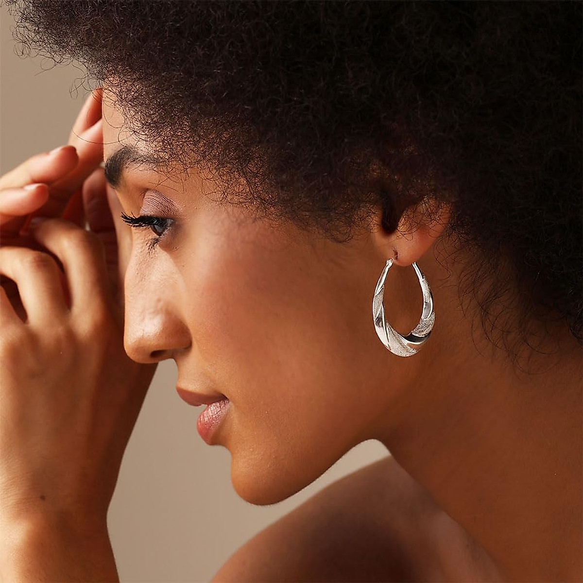 LeCalla Sterling Silver Hoop Earrings High Polish Matte-Finish Textured Shrimp Classic Oval Hoops Earring for Women - 38MM