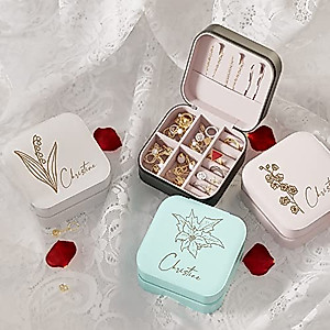 Personalized Travel Jewelry Box, Bridesmaid Gifts Valentines Day Gifts for Her, Birthday Gifts for Women Mom, Small Jewelry Organizer Case, Custom Name Birth Flower Leather Portable Storage Earrings