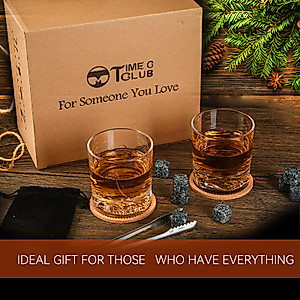 M TIME C CLUB Whiskey Stones and Whiskey Glass Gift Set, 8 Granite Chilling Rocks with 2 Crystal Glasses 10.6oz, 2 Slate Coasters and Metal Tongs, Reusable Ice Cubes for Drinks, Bourbon Gifts for Men