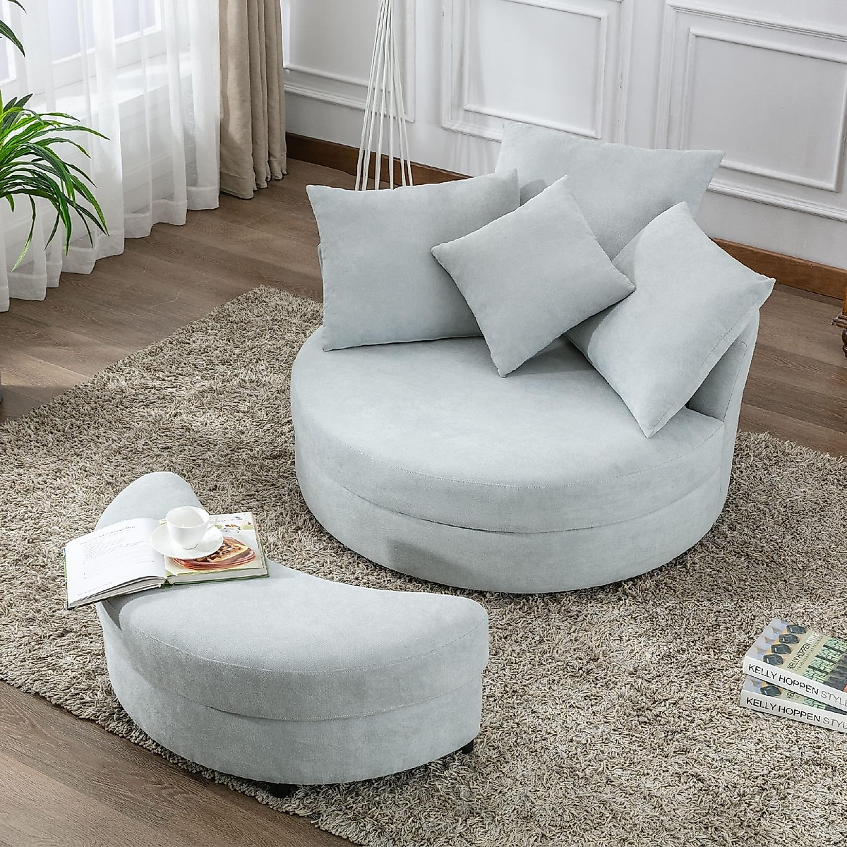 Wycian Boho Dining Chairs, Linen Upholstered Chair 1PC 360 Degree Swivel Beacon Grey Seat ht. 23.2" Movable Pillows Storage Ottoman 49.00" L 48.00" W 33.80" H