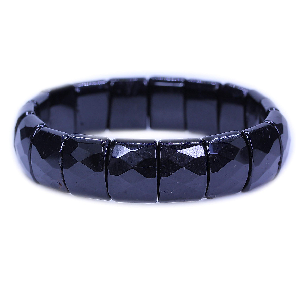 Keleny Natural Black Tourmaline Quartzite 15mm Square Grain Faceted Beaded Stretchable Crystal Bangle 7.5 Inch Unisex