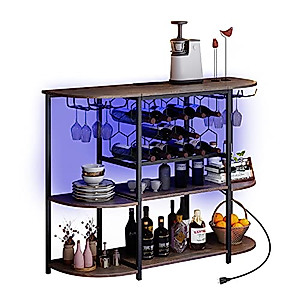 Logianis Wine Rack Table with Outlet and LED Light 47.3 Inch FreeStanding Wine Bar Rack Wooden Rustic Wine Storage with Wine Shelf and Glass Holder Wine Bar Cabinet Rustic Brown