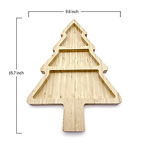 Bamboo Serving Platter, Multiple Spaces Reusable Bamboo Plates, Novel Shape Charcuterie Board Set with Knife & Fork, Fruit, Bread, Salad Plate for Christmas Thanksgiving (Christmas Tree)