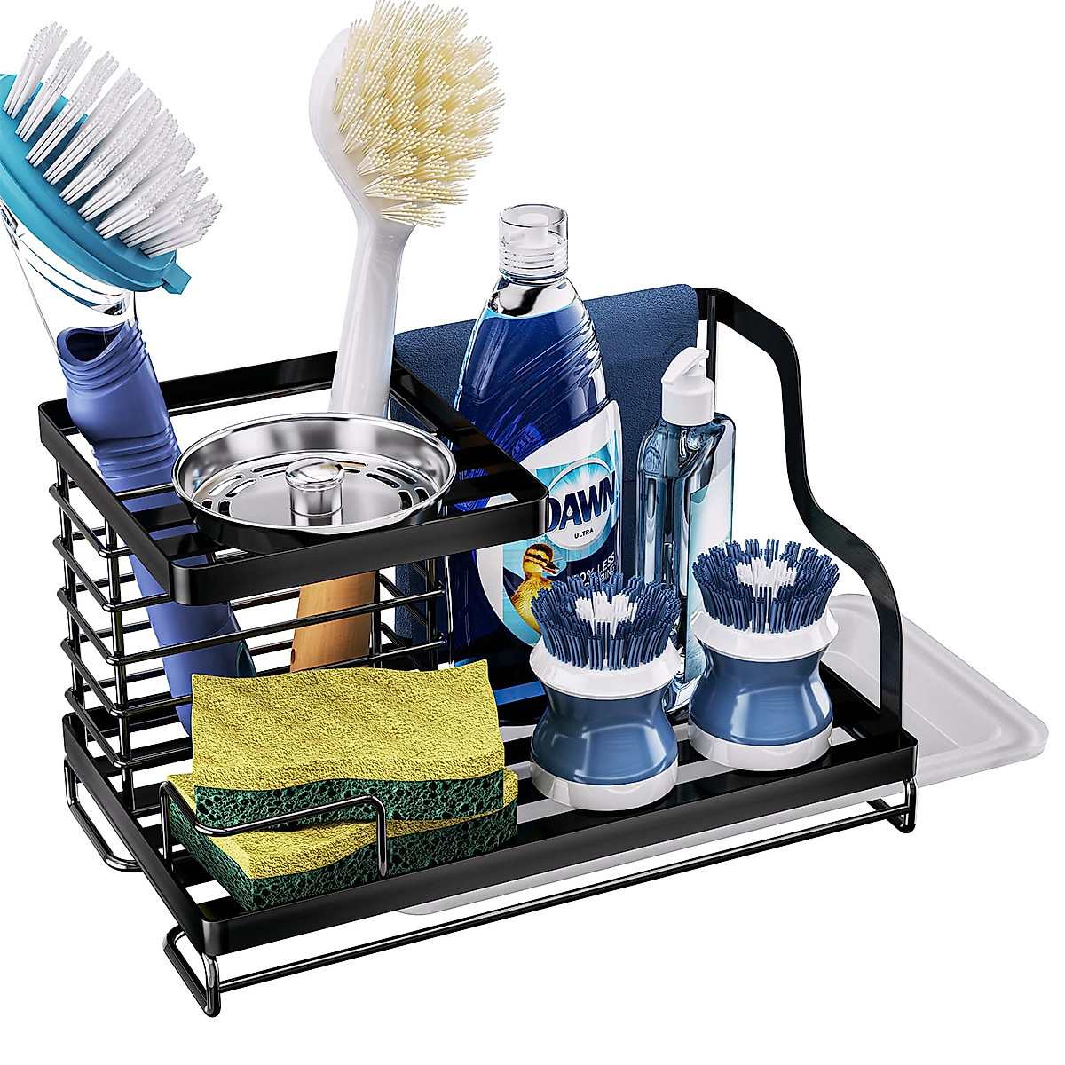 Consumest 5 in 1 Kitchen Sink Organizer with Removable Drain Tray, Quick Draining Kitchen Sink Caddy Rustproof Stainless Steel Sink Sponge Holder for Sponge, Cleaning Towel, Scrubber, Black