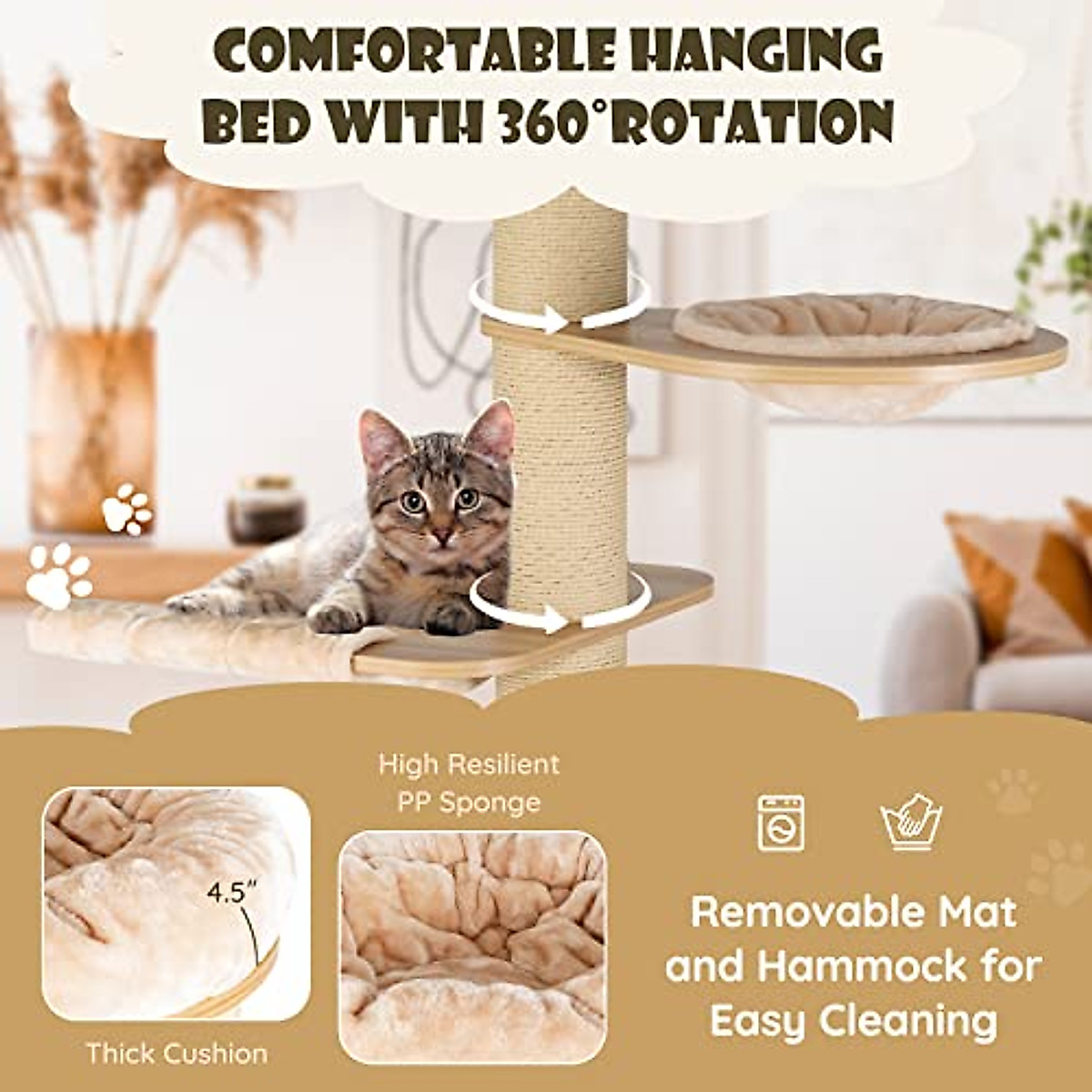 Tangkula Modern Cat Tree, Multi-Level Large Cat Tower w/Cat Condo, Hammocks & Hanging Basket, Tall Cat Tree w/Sisal Posts, Washable Cushions, Wood Cat Trees and Towers for Indoor Large Cats