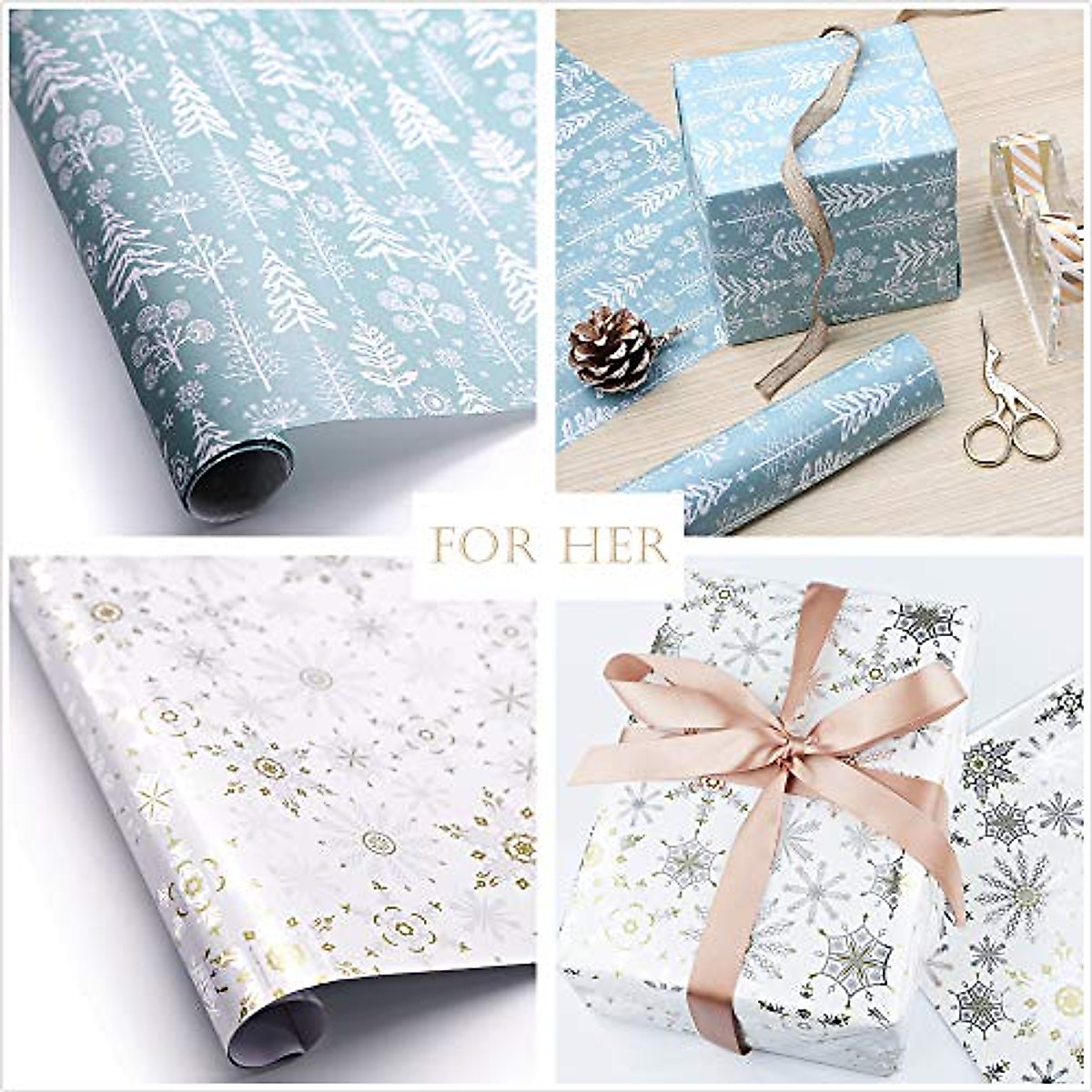 UNIQOOO 6 Festive Designs Christmas Wrapping Paper Precut Sheets, Each 39.4 x17 Inch- Blue Silver Brown Kraft Metallic Foil Gift Wrap, Santa Claus, Christmas Ornaments, Snowflake, Tree, Family Bundle for Kids, Her & Him, 18 Sheets