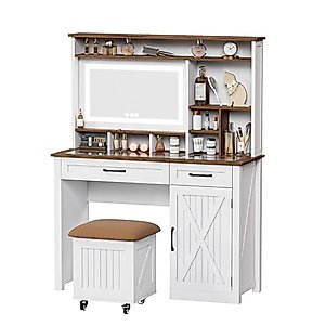 Farmhouse Makeup Vanity Desk with Mirror and Lights, 43" Glass Tabletop Vanity Table with 360° Rolling Stool with Storage, Big Vanity Set for Bedroom, 3 Lighting Modes, 2 Drawers, 1 Cabinet, White