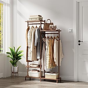 KASLANDI Solid Wood Clothes Rack,Garment Rack for Hanging Clothes,Walnut Clothing Rack with Shelves,Portable Clothes Rack,Double Clothing Rack, Freestanding Clothing Rack for Entryway and Bed Room
