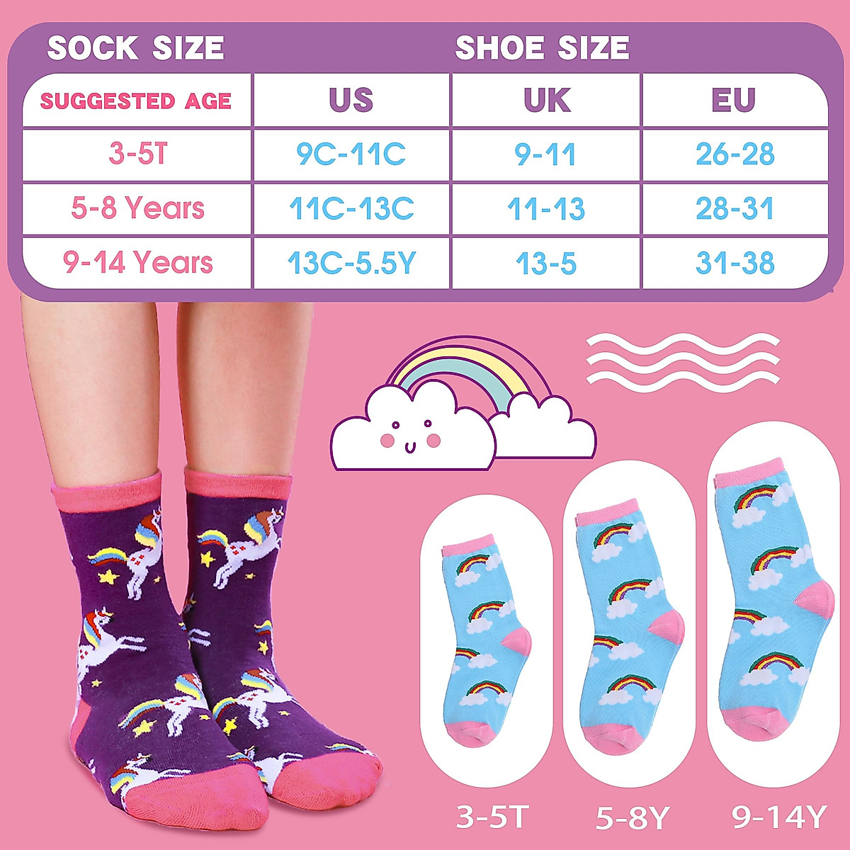 ANTSANG Children Cotton Crew Socks for Girl Kids Toddler Fashion Cute Cartoon Animal Socks 6 Pack