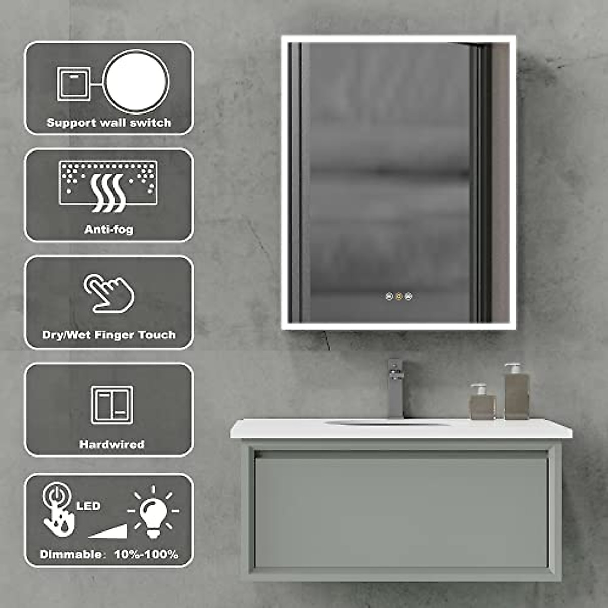 tunuo Black Medicine Cabinets for Bathroom with Mirror, 24”W x 30”H Surface Wall Mounted LED Medicine Cabinet with Lights, Defogger, Dimmer, Outlets & USB, Single Door