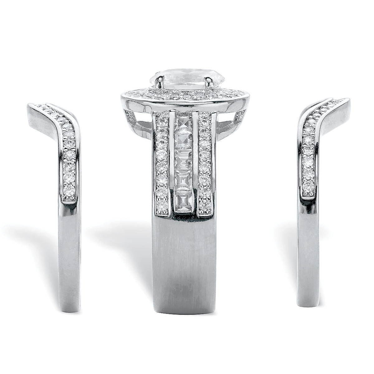 PalmBeach Jewelry 14K Yellow Gold or Platinum Plated Oval Cut Cubic Zirconia Double Halo Scalloped Bridal Ring Set Size 10