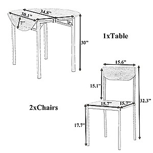 P PURLOVE 3 Piece Round Kitchen Table Set Wood Dining Table Set with Drop Leaf Table and 2 Chairs for Small Places, Apartment(Golden Frame+Faux White Granite Finish)