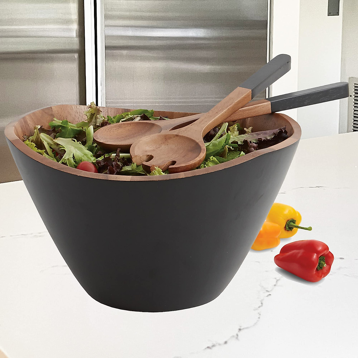 Acacia Wood Salad Serving Bowl 12” with Servers 3 Piece Set by Woodard & Charles