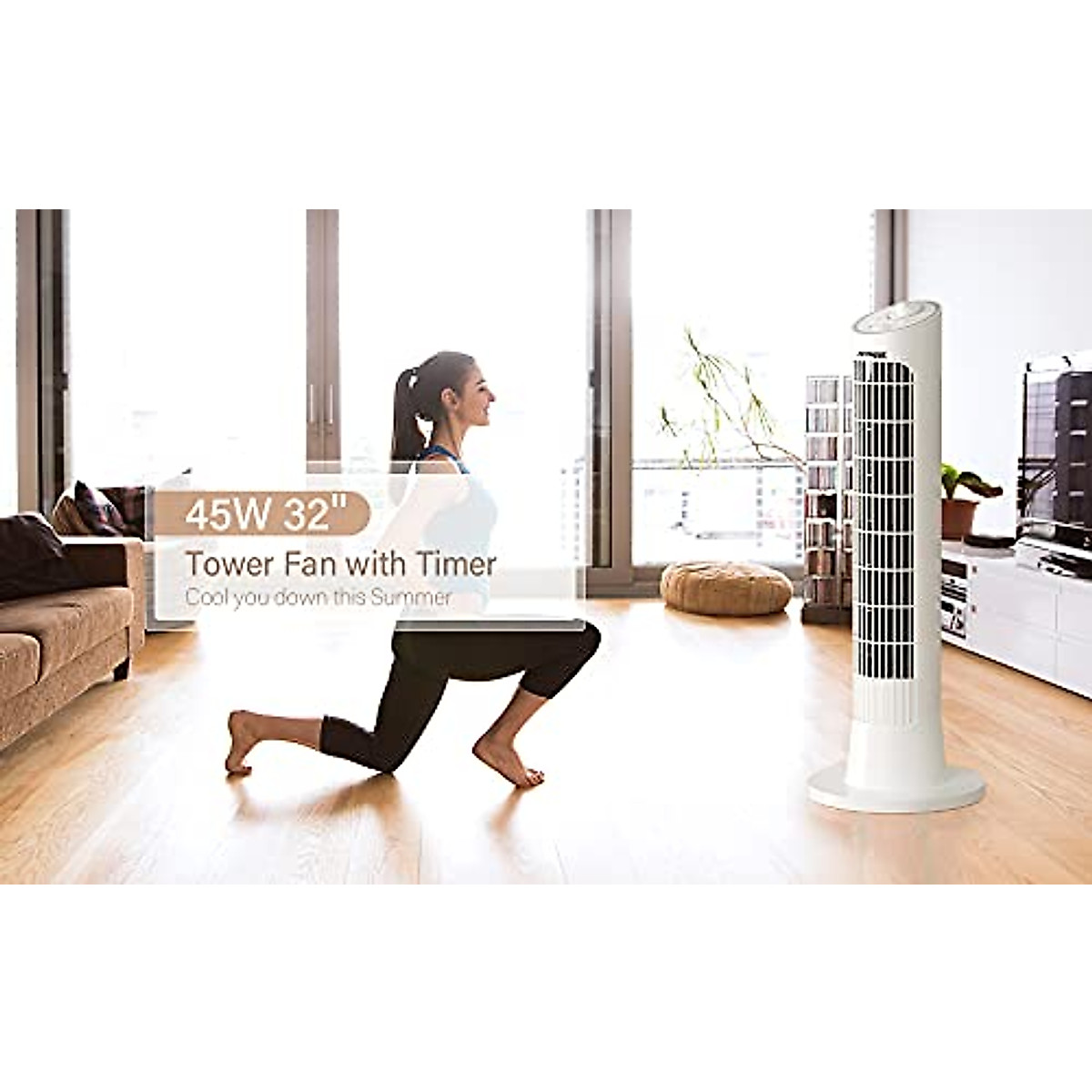 Bruce & Shark 32" White Tower Fan, Oscillating 120 °Tower Fan Quiet Tower Fan Air Supply Outdoor Sleeping Low Noise for Home Bedroom Office Room