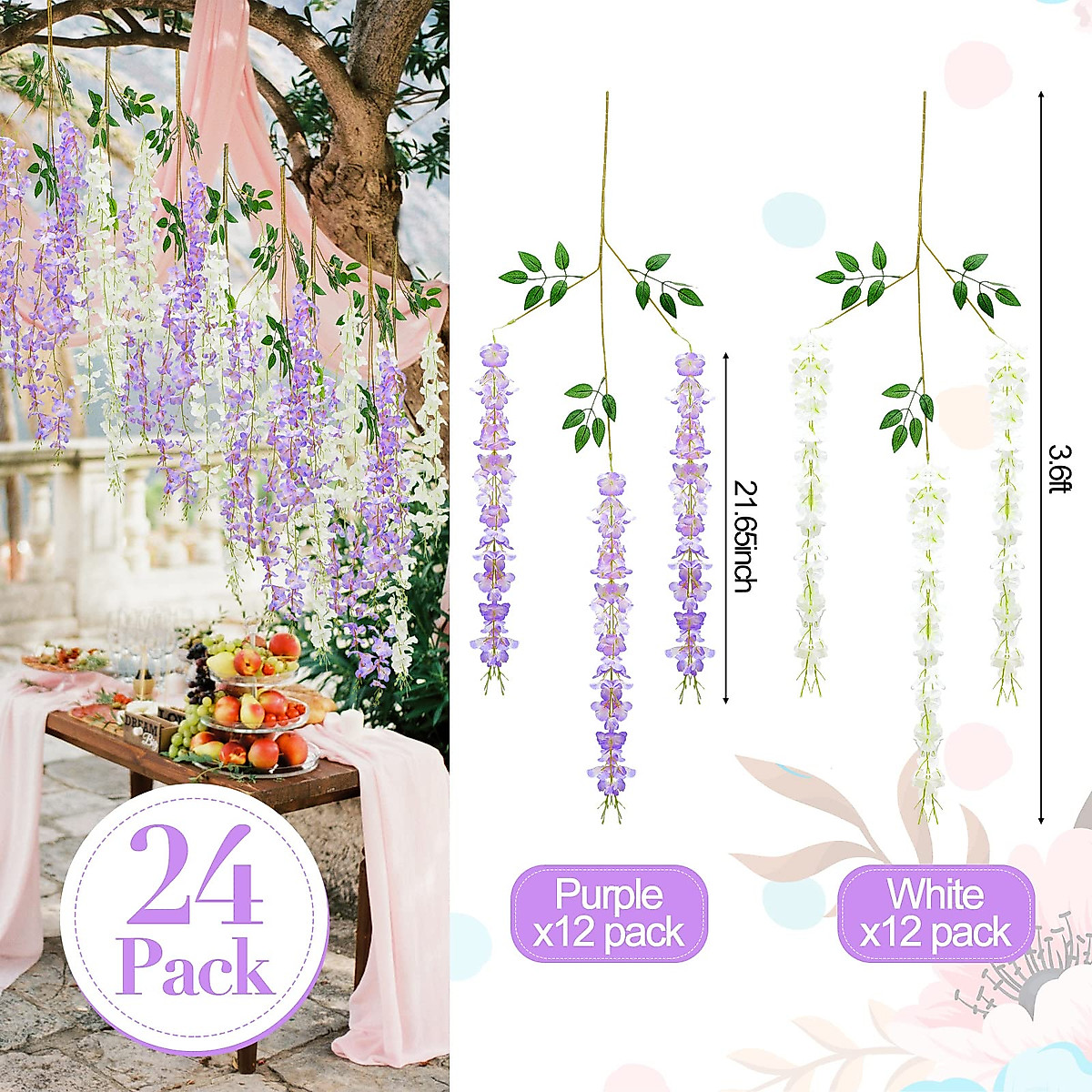 Artificial Wisteria Hanging Flowers 3.6 ft Artificial Fake Wisteria Vine Rattan Hanging Garland Silk Flowers String for Wall Home Wedding Party Greenery Decorations (Purple, White,24 Pcs)