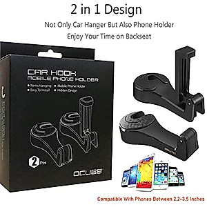 OCUBE Car Hooks Car Seat Back Hooks with Phone Holder, (2 Pack) Universal Vehicle Car Headrest Hooks Hanger with Lock and Phone Bracket for Holding Phones and Hanging Bag, Purse, Cloth, Grocery-Black