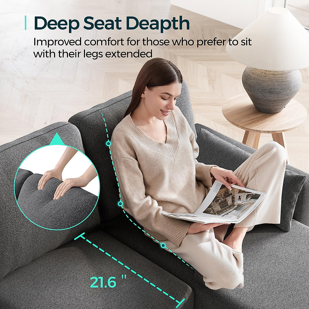 LINSY HOME Convertible Sectional Couch, Bouclé U-Shaped Sofa with Double Chaises and 2 Pillows, 4-Seat Modern Deep Oversized Couch for Living Room, Dark Grey