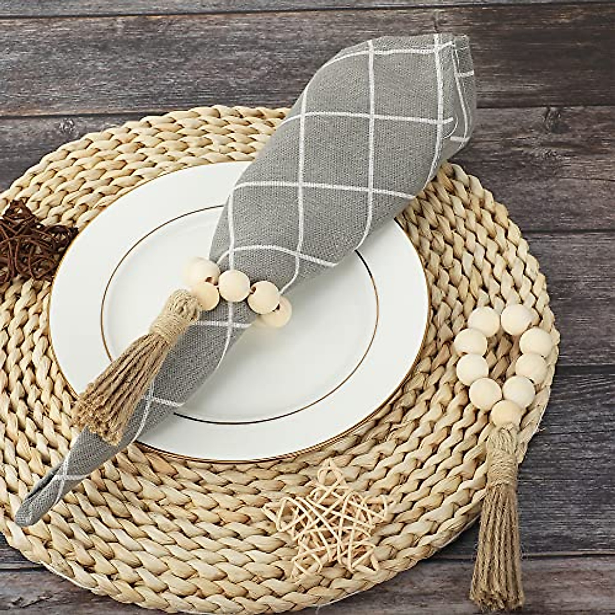 Wood Bead Napkin Rings Natural Wooden Beads Napkin Holders with Tassels Elastic Wooden Napkin Buckles for Christmas Farmhouse Wedding Home Table Decoration (6)