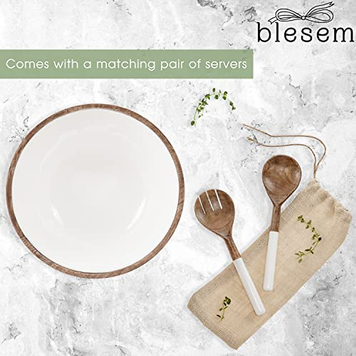 Wooden Salad Bowl Set Large 12" with Server Tongs Spoons, White Bowl with Utensils for Kitchen Gift Decor