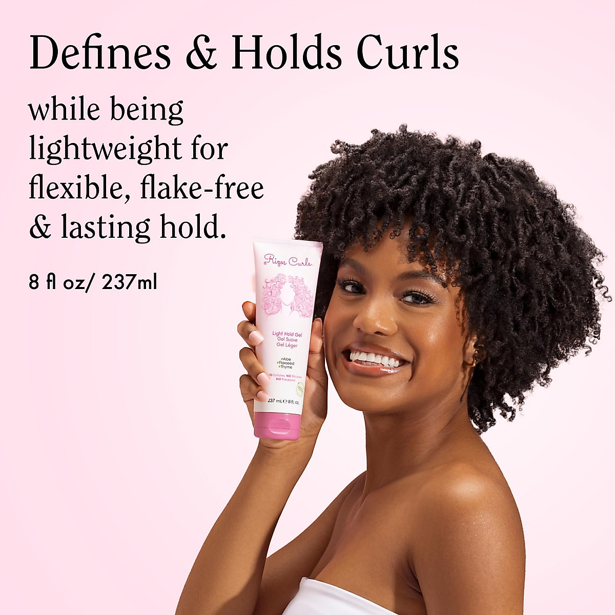 Rizos Curls Light Hold Gel, Defines with Flexible Hold, Flake-Free and Frizz-Free Voluminous Curls, Moisturize with Aloe Vera & Flaxseed, For All Curl Patterns 2a - 4c, 8 oz (Package May Vary)