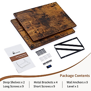 Deep Floating Shelves, 16W x 12D Rustic Wood Floating Shelves Set of 2, 12 Inch Deep Large Floating Shelves for Wall Decor, Hanging Shelves for Farmhouse Kitchen Bathroom Bedroom - Rustic Brown