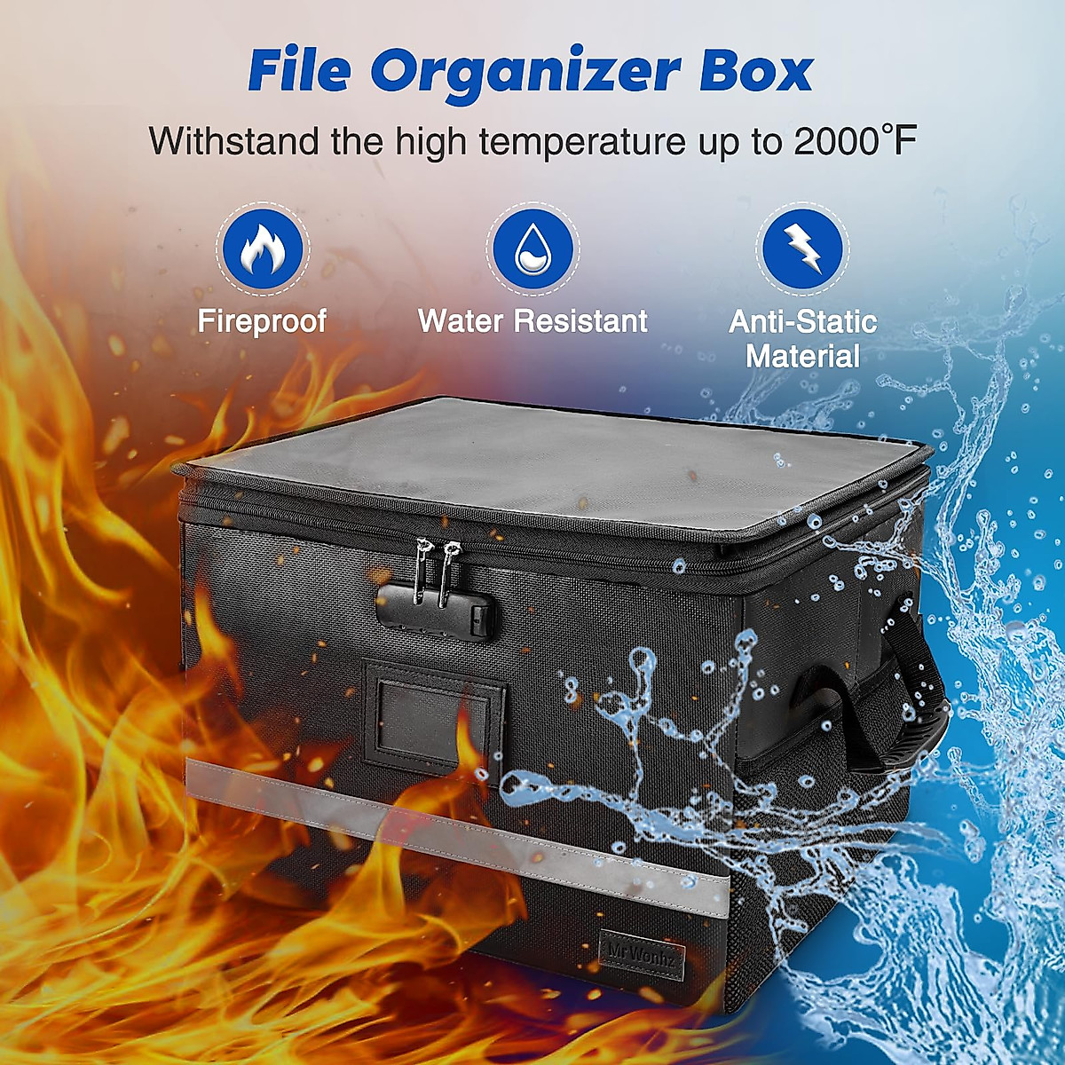 Fireproof Document Box with Lock, Waterproof File Safe Box Anti-Static Collapsible Portable Office Home File Cabinet with Reflective Strip for important Hanging Letter & Legal Folder Certificate