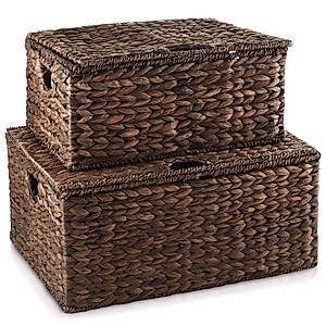 Casafield Set of 2 Water Hyacinth Rectangular Storage Baskets with Lids (Medium/Large), Multipurpose Decorative Shelf Organization Totes for Bedroom, Bathroom, Laundry, Home Office