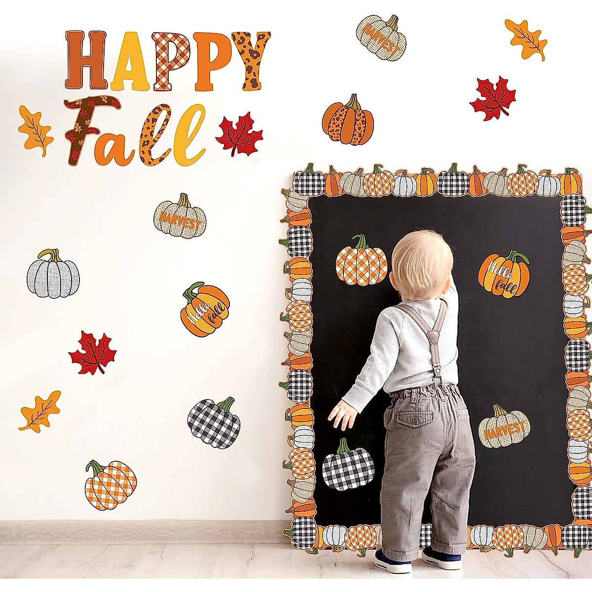 BeYumi 93Pcs Happy Fall Pumpkin Cutouts Bulletin Board Set Hello Fall Cutouts with Farmhouse Pumpkin Borders Trim Halloween Thanksgiving Theme Party Decoration Supplies for Home Sweet Classroom School