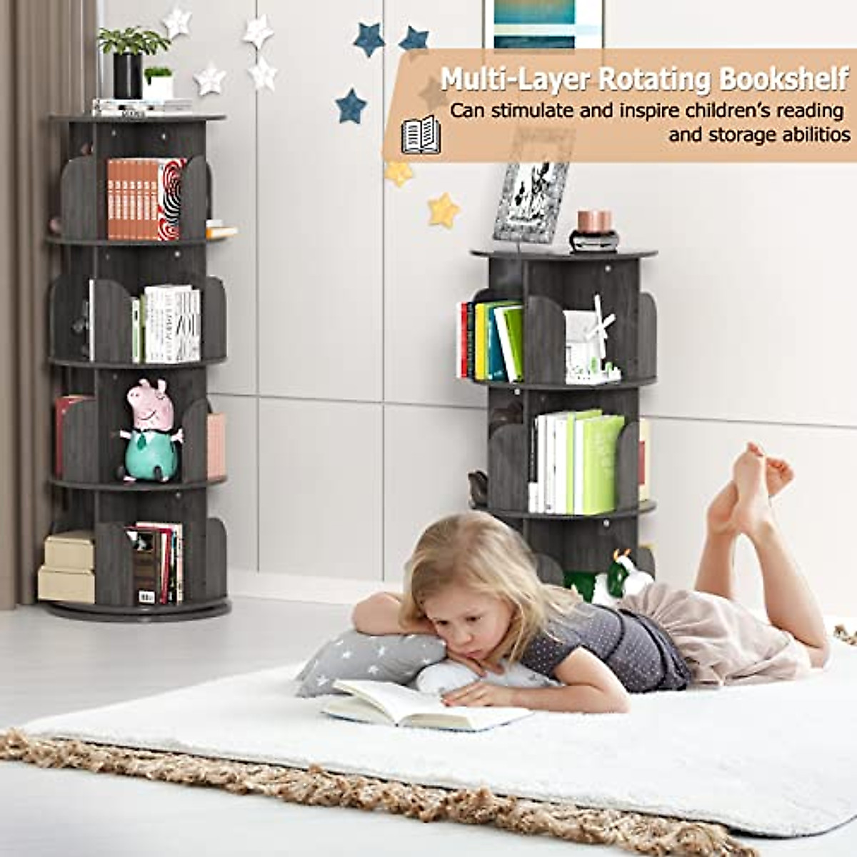 LAZEYARD Rotating Bookshelf, Rotating Bookshelf Tower for Small Space, 360 Display 4 Tier Floor Standing Storage Rack, Wood Narrow Book Shelf for Bedroom, Living Room