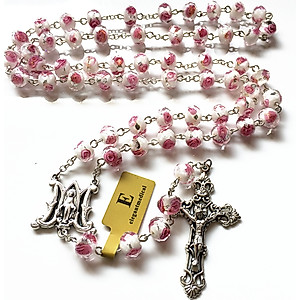 elegantmedical Handmade ROSE PINK Veluriyam ROSE BEADS ROSARY & ITALY CROSS MEDAL Catholic necklace GIFT BOX