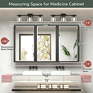 TokeShimi 48x30 Medicine Cabinet Bathroom Vanity Mirror Black Metal Framed Recessed or Surface Wall Mounted with Aluminum Alloy Beveled Edges Design 3 Doors for Modern Farmhouse