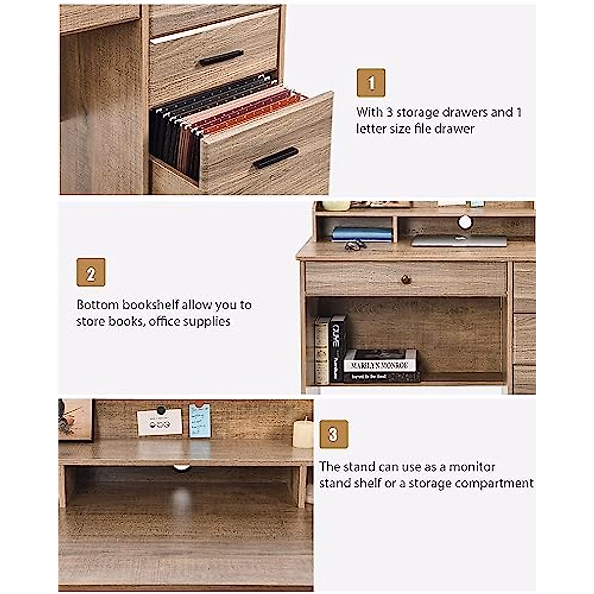 Computer Desk with 4 Drawers and Storage, Small Office Desk with File Drawers and Hutch, Farmhouse Wood Writing Student Table for Home Office, Bedroom, Wooden Grey