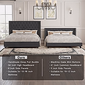 PaPaJet King Bed Frame Velvet Upholstered Bed with Deep Button Tufted/No Box Spring Needed/Easy Assembly/Dark Grey