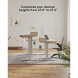 BANTI Height Adjustable Electric Standing Desk with Three Drawers, 48 x 25 Inch Table with Storage Shelf, Sit Stand Desk with Storage Space, Splice Board with White Frame/Light Walnut Top, 48 inch