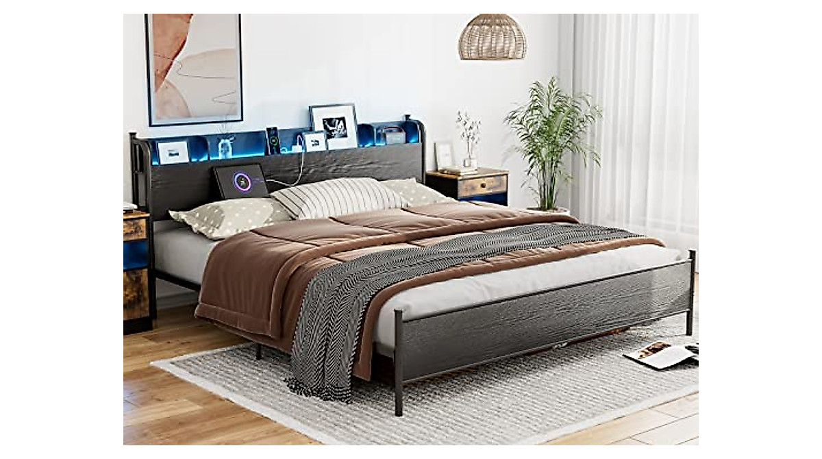 IKIFLY California King Bed Frame w/ Storage, Charging & LED