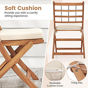 HAPPYGRILL 3 Pieces Acacia Wood Patio Bistro Set, Folding Outdoor Table and Chairs Set with Cushions, Outdoor Patio Furniture Set for Porch, Balcony, Deck, Garden, Backyard