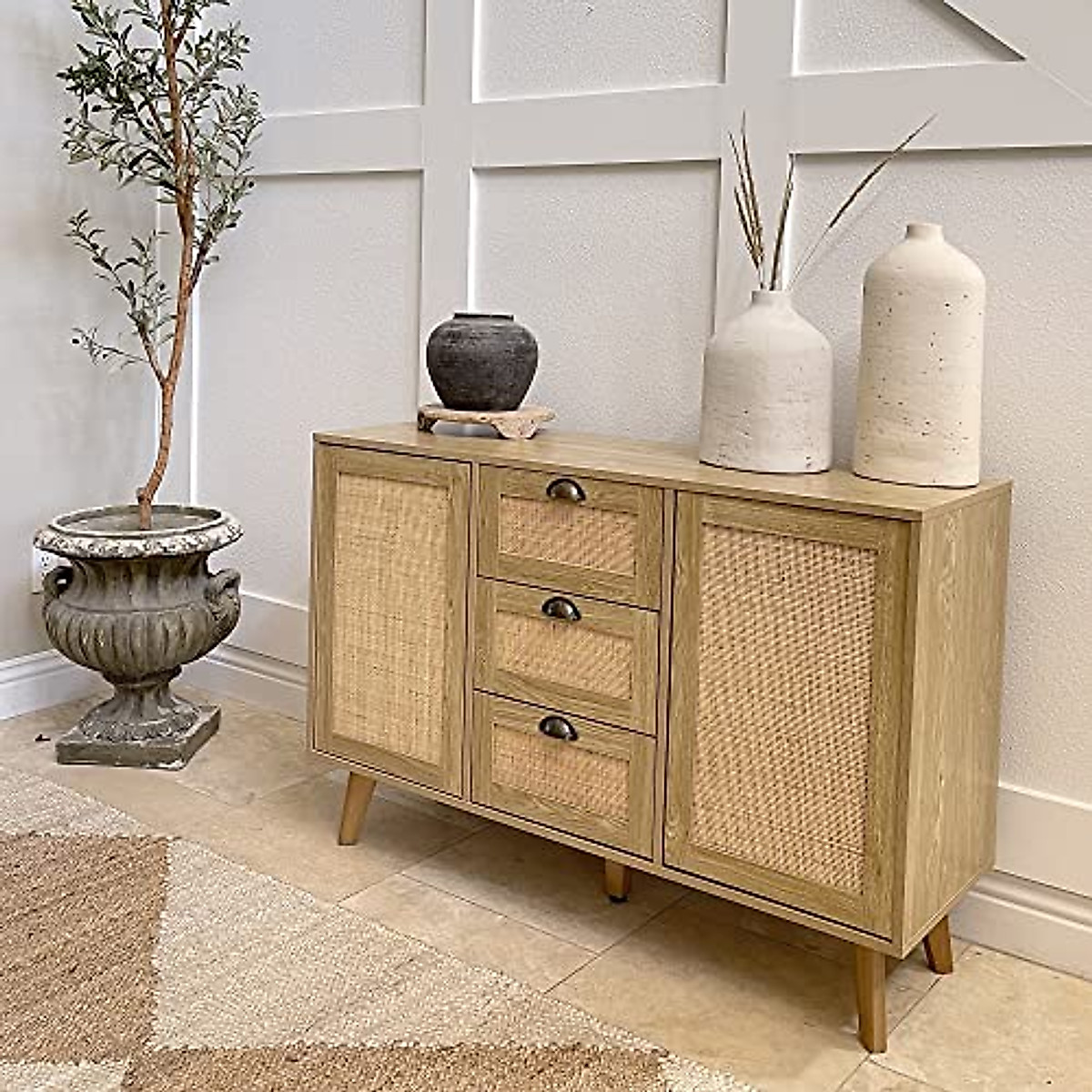 PHI VILLA Sideboard Buffet Cabinet with Storage Console Table Woven Rattan Cabinet Coffee Bar Kitchen Dining Room Living Room Storage Cabinet Accent Cabinet with Doors and Drawers