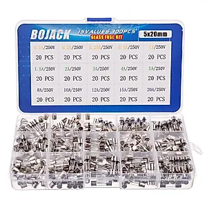 BOJACK 15 Values 300pcs Fast-Blow Glass Fuses Assortment Kit 5x20mm 250V 0.1 0.2 0.25 0.5 1 1.5 2 3 4 5 8 10 12 15 20A amp packag in a Clear Plastic Box