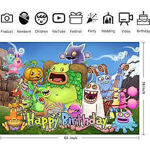 Singing Monsters Birthday Decorations, Singing Monsters Happy Birthday Banner Backdrop for Singing Monsters Birthday Party Supplies (5x3ft)