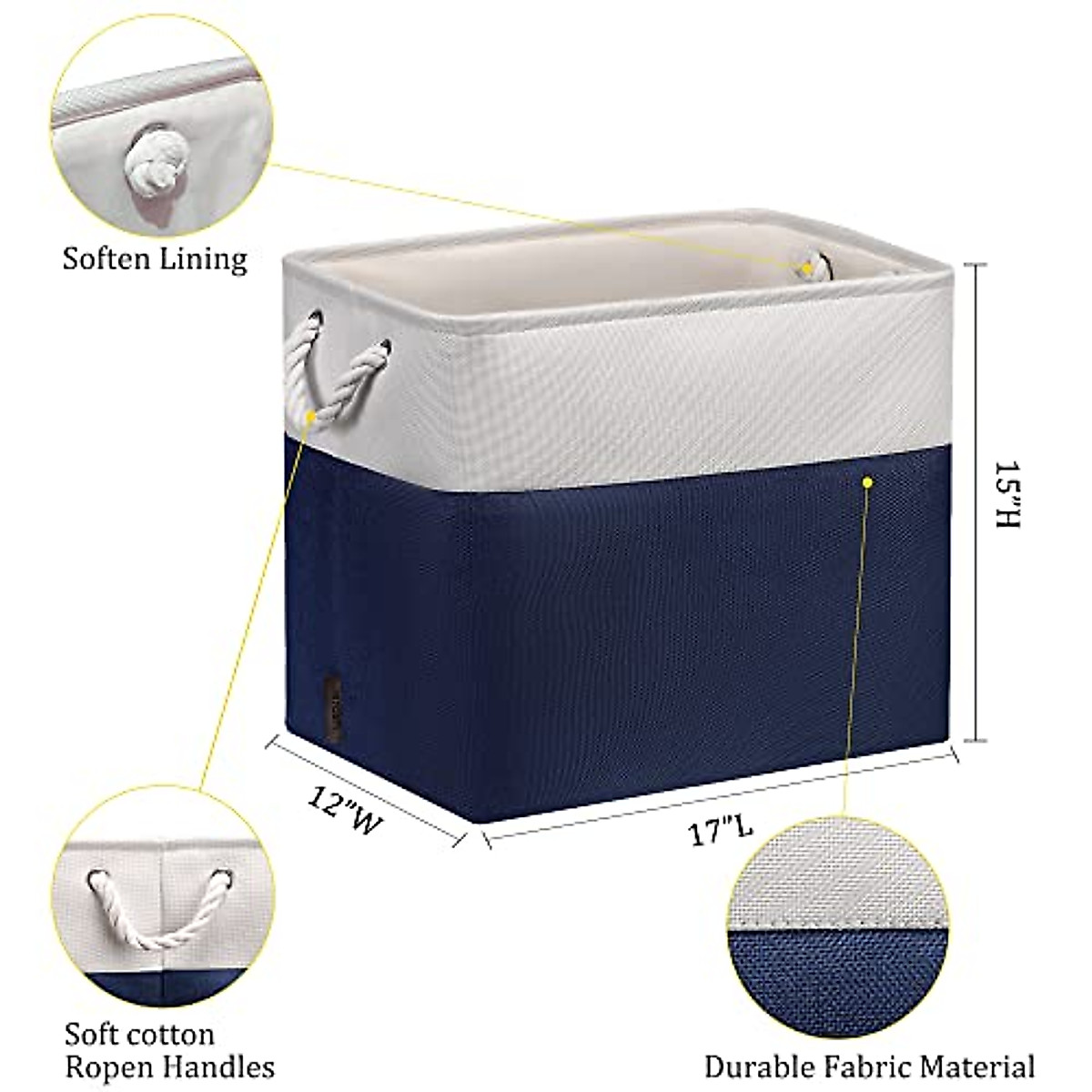 KITCSTI Storage Baskets for Organizing, Extra Large Rectangular Storage Bin, Fabric Folding Organizer for Closet, Toys, Clothes, Home, Office, 17x12x15 Inches (Blue & White, Pack of 3)