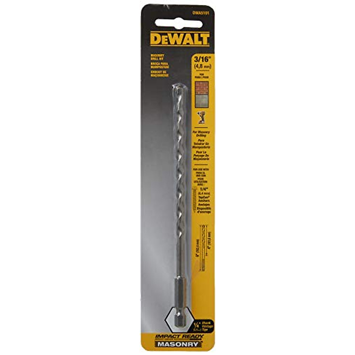 DEWALT Masonry Drill Bit, Impact Ready, 3/16-Inch X 4-Inch X 6-Inch (DWA5101)