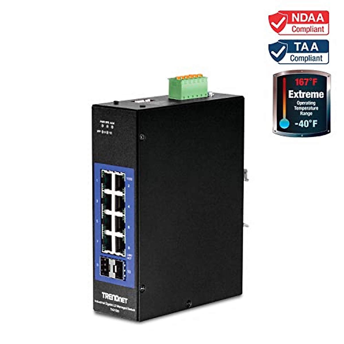 TRENDnet 10-Port Industrial Gigabit L2 Managed DIN-Rail Switch, 8 X Gigabit, 2 X SFP Slots, DIN-Rail Mount, IP30, Vlan, Qos, Lacp, STP/Rstp, Bandwidth Management, Lifetime Protection, TI-G102i