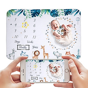 Baby Monthly Milestone Blanket - Nursery Decor for Newborn Baby Shower - Personalized Soft Fleece First Year with Days/Weeks/Months/Years - Markers & Frame &12 Stickers Included - Large 55"x40"