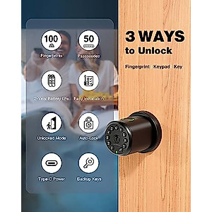 HOLOMARQ Fingerprint Door Knob Lock with Keypad Biometric Door Knob,Combination Door Knob, Smart Door Knob, 4 AA Batteries, for Bedroom Office Interior Door Sequra H2 Matte Black