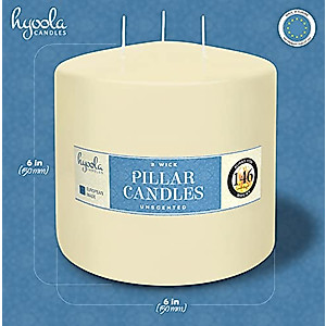 HYOOLA Ivory Three Wick Large Candle - 6 x 6 Inch - Unscented Big Pillar Candles - 146 Hour - European Made