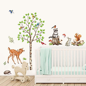 decalmile Woodland Animal Wall Decals Birch Tree Squirrel Deer Wall Stickers Baby Nursery Kids Bedroom Wall Decor(Tree Height: 34Inches)
