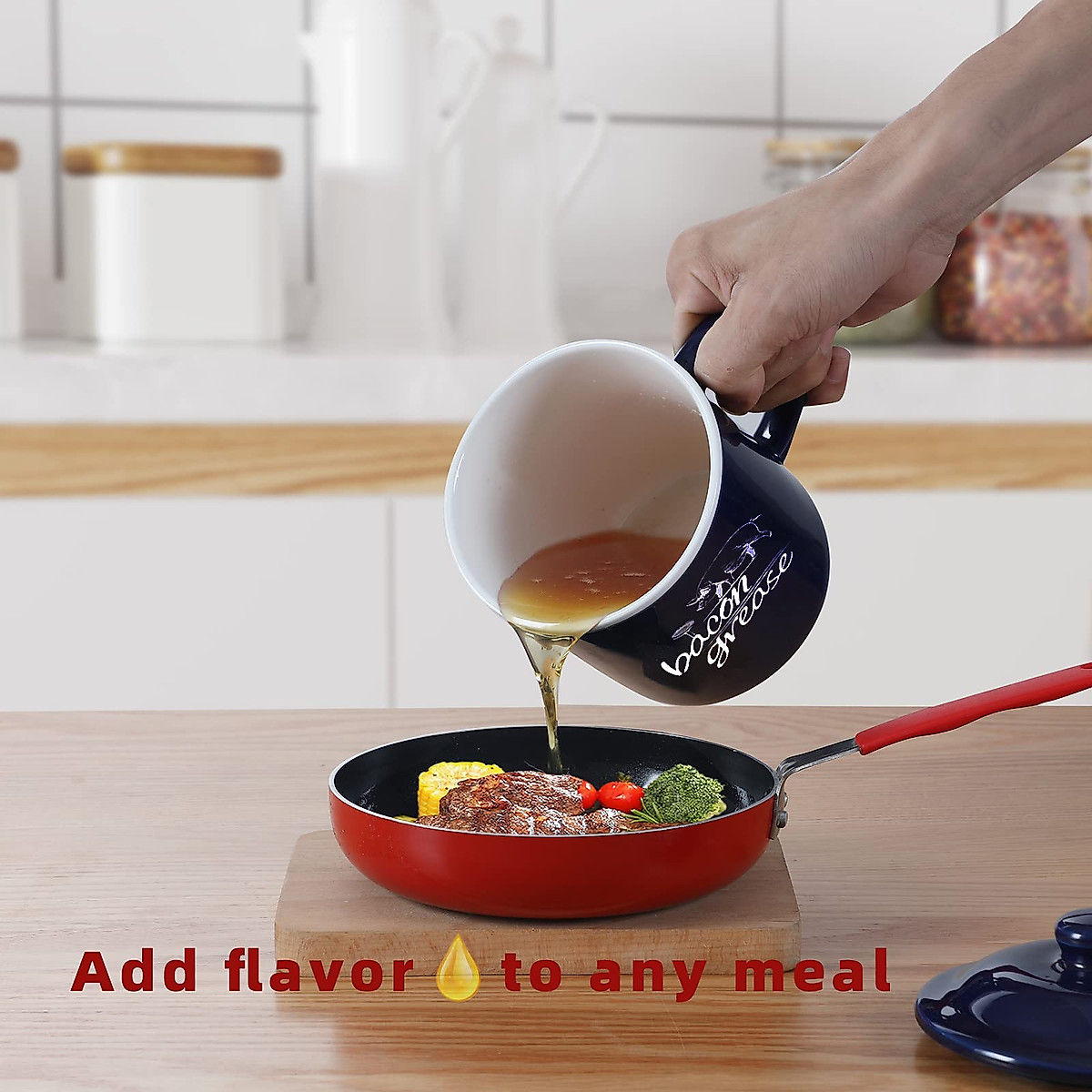 ONTUBE Ceramic Bacon Grease Container with Strainer, Cooking Oil Storage Can Grease Keeper for Kitchen, Navy