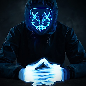 Max Fun Halloween Mask Glowing Gloves for Halloween Costume Cosplay Light Up Scary Masks with 3 Lighting Modes Cosplay Lighted Face Masks for Halloween Parties Masquerade Party(Blue)